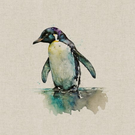 Cotton Rich Linen Look Fabric Digital Watercolour Penguin Bird Birds Panel