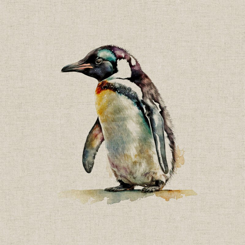 Cotton Rich Linen Look Fabric Digital Watercolour Penguin Bird Birds Panel