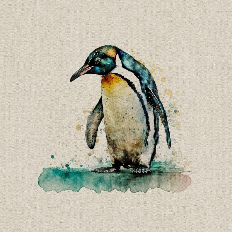 Cotton Rich Linen Look Fabric Digital Watercolour Penguin Bird Birds Panel