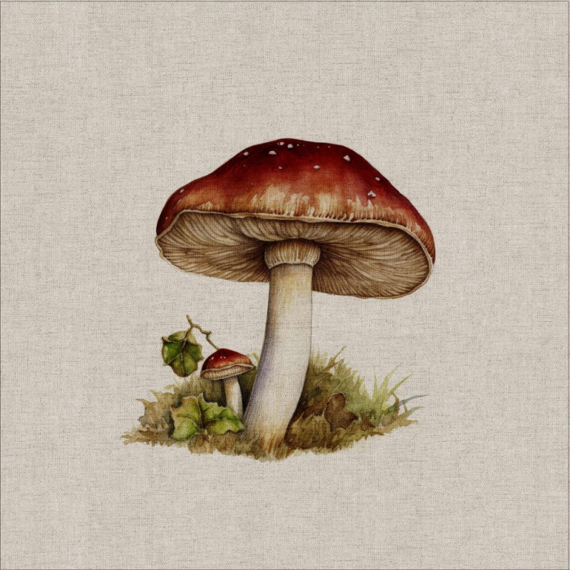 Cotton Rich Linen Look Fabric Digital Botanical Toadstools Mushroom Panel