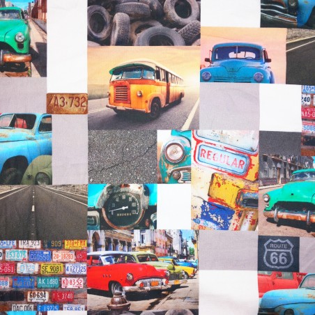 SALE Cotton Linen Look Fabric Classic Cars Route 66 Number Plates Half ...