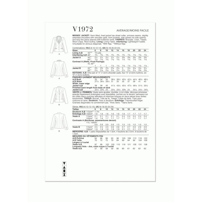 Vogue Patterns V1972 Misses' Semi-Fitted Lined Jacket with Shawl Collar