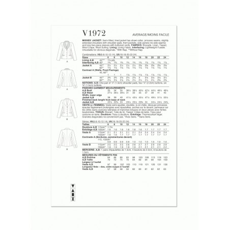 Vogue Patterns V1972 Misses' Semi-Fitted Lined Jacket with Shawl Collar