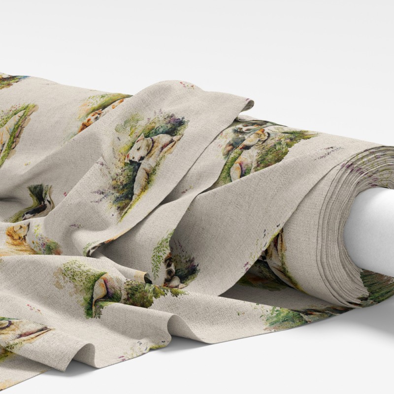 Cotton Rich Linen Look Fabric Digital Watercolour Garden Dogs Puppies ...