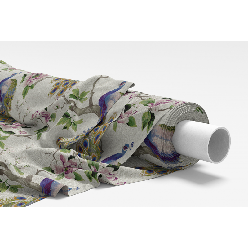 Cotton Rich Linen Look Fabric Digital Peacock Garden Bird Animals 140cm ...