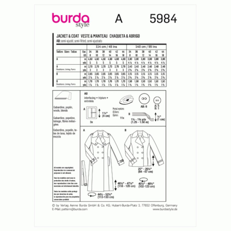 Burda Style Sewing Pattern 5984 Misses’ Double-Breasted Jacket and ...