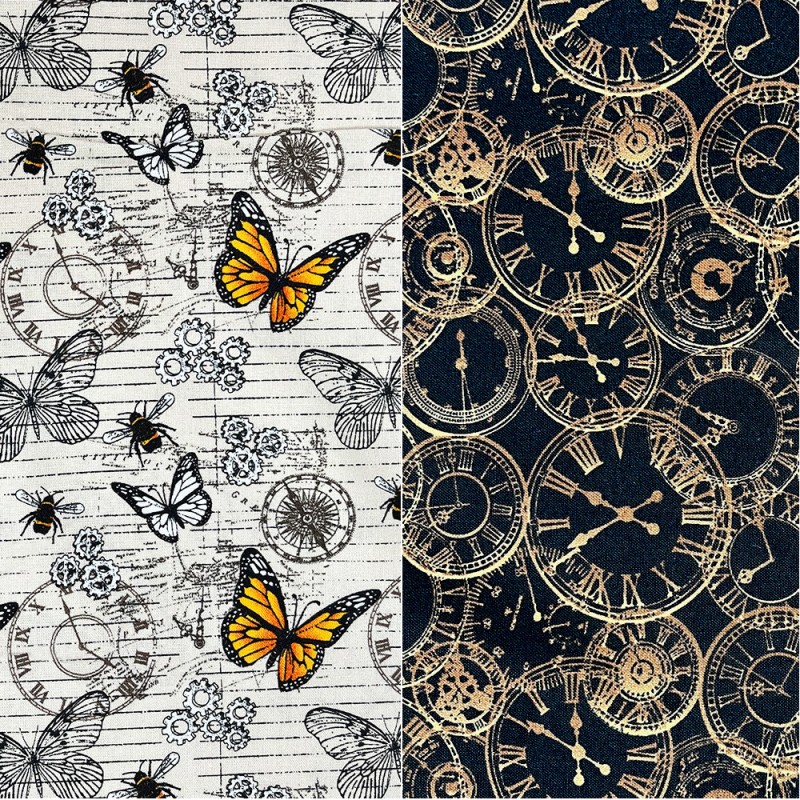 100% Cotton Printed Fabric Steam Punk Clock Butterfly Cog Dark 110cm Wide