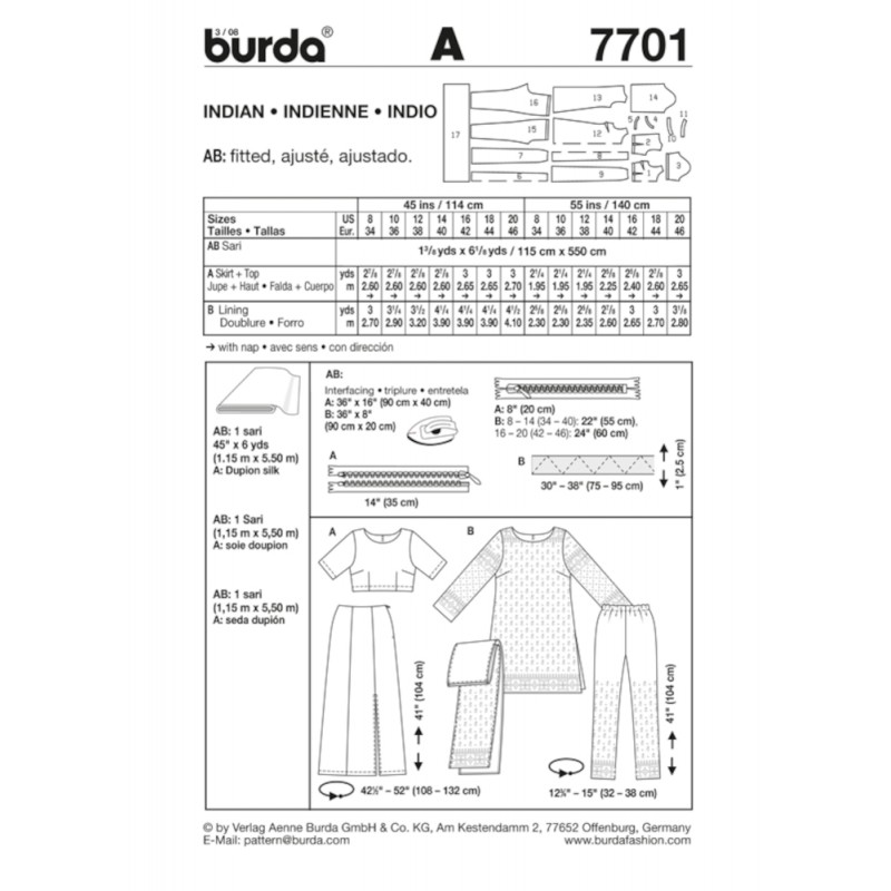 Burda Style Sewing Pattern 7701 Women's Traditional Indian Sari In Two ...