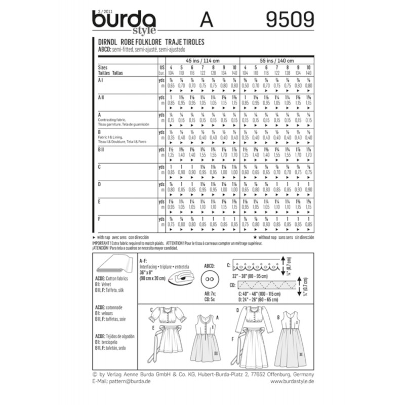 Burda Style Sewing Pattern 9509 Children's Traditional Dirndl In Two ...