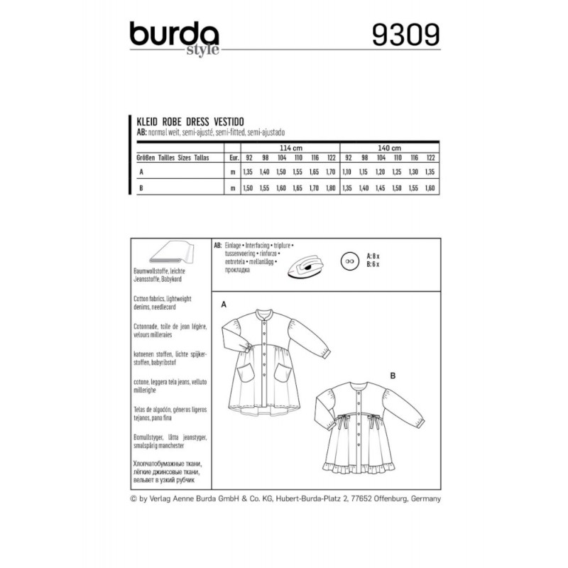 Burda Style Sewing Pattern 9309 Children’s Dress with Trim and Pocket ...