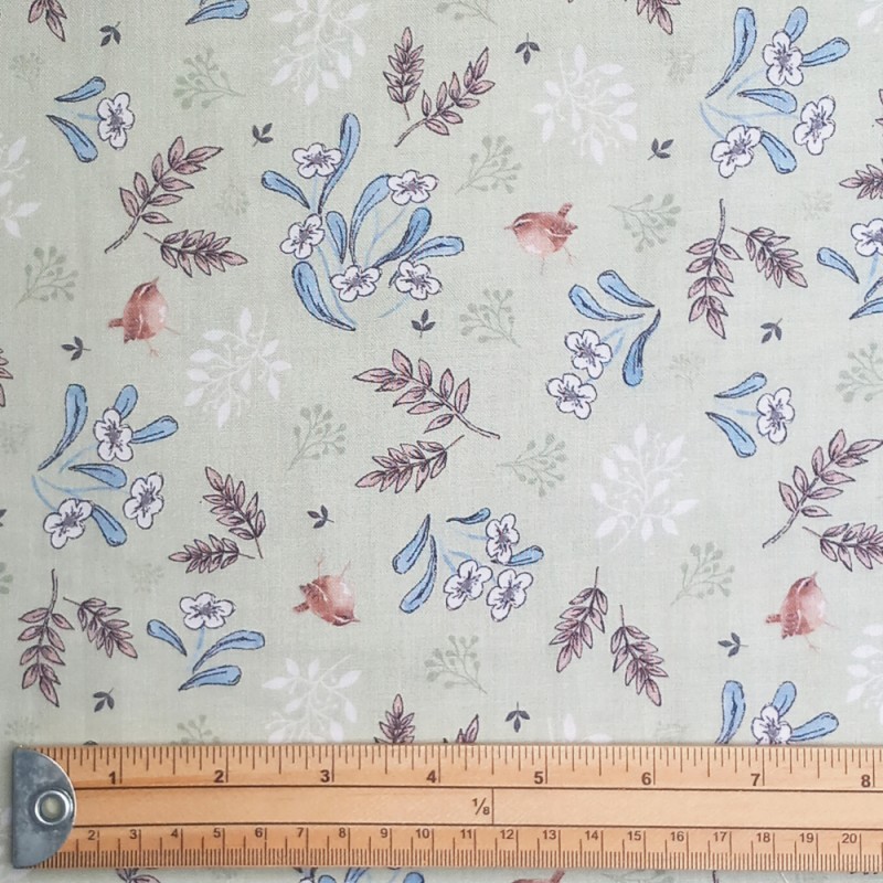 100% Cotton Fabric Nutex Meadow Floral Flowers Bird Nature Robin Sage ...