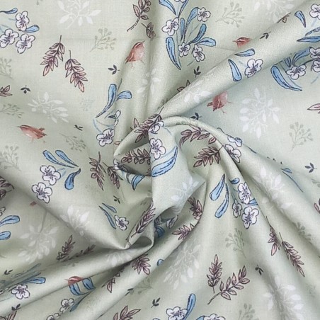 100% Cotton Fabric Nutex Meadow Floral Flowers Bird Nature Robin Sage ...