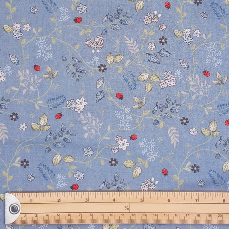 100% Cotton Fabric Nutex Meadow Floral Flowers Nature Ladybird Blue ...