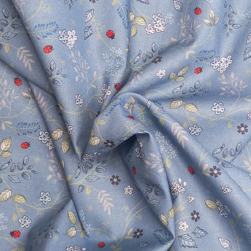 100% Cotton Fabric Nutex Meadow Floral Flowers Nature Ladybird Blue ...