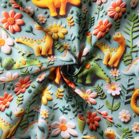 100% Cotton Digital 3D Fabric Little Johnny Dino Dinosaurs Flowers ...