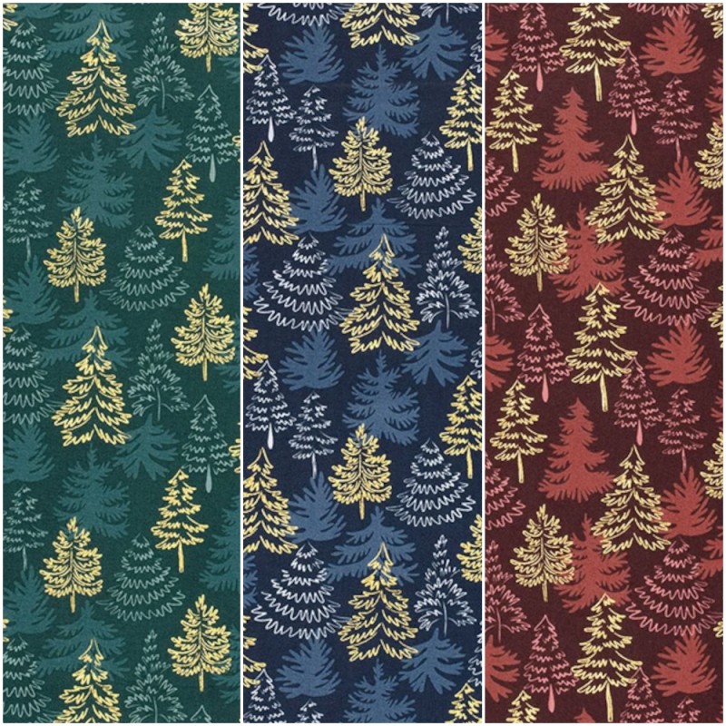 100% Cotton Poplin Fabric Christmas Trees Xmas Festive Fir Pine Tree ...