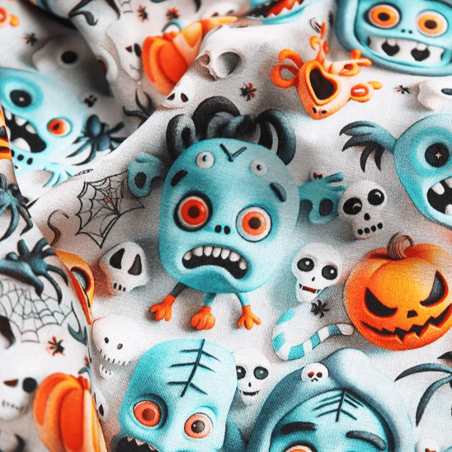 100% Cotton Digital 3D Fabric Little Johnny Halloween Zombies Pumpkins ...