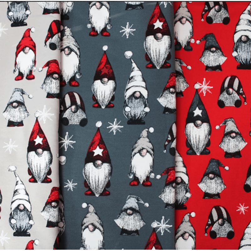 French Terry Cotton Jersey Fabric Gnomes Gonks Christmas Festive 140cm Wide