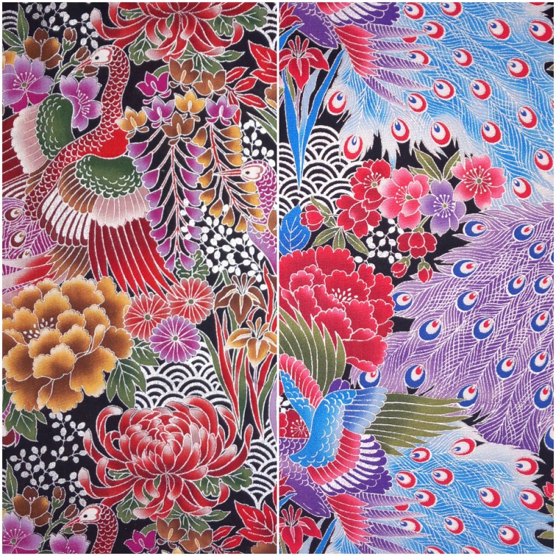100% Japanese Cotton Fabric Nutex Tateba Peacock Bird Floral Metallic ...