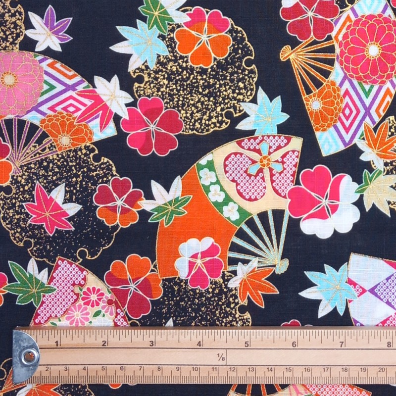 100% Japanese Cotton Fabric Nutex Yobi Flower Floral Fans Metallic ...