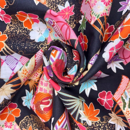 100% Japanese Cotton Fabric Nutex Yobi Flower Floral Fans Metallic ...