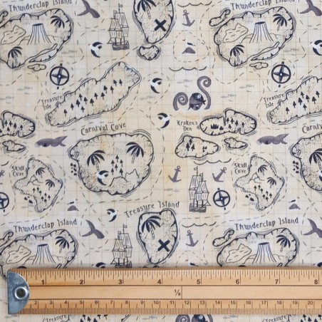 100% Cotton Fabric Nutex A Pirates Adventure Treasure Map Ship Island ...