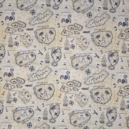 100% Cotton Fabric Nutex A Pirates Adventure Treasure Map Ship Island ...