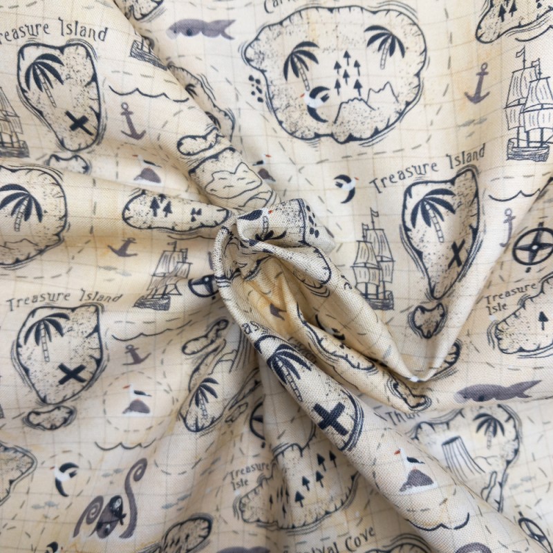 100% Cotton Fabric Nutex A Pirates Adventure Treasure Map Ship Island ...
