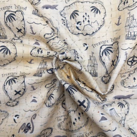 100% Cotton Fabric Nutex A Pirates Adventure Treasure Map Ship Island ...