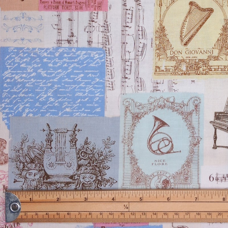 100% Cotton Fabric Nutex Symphony Montage Sheet Music Instruments 112cm ...
