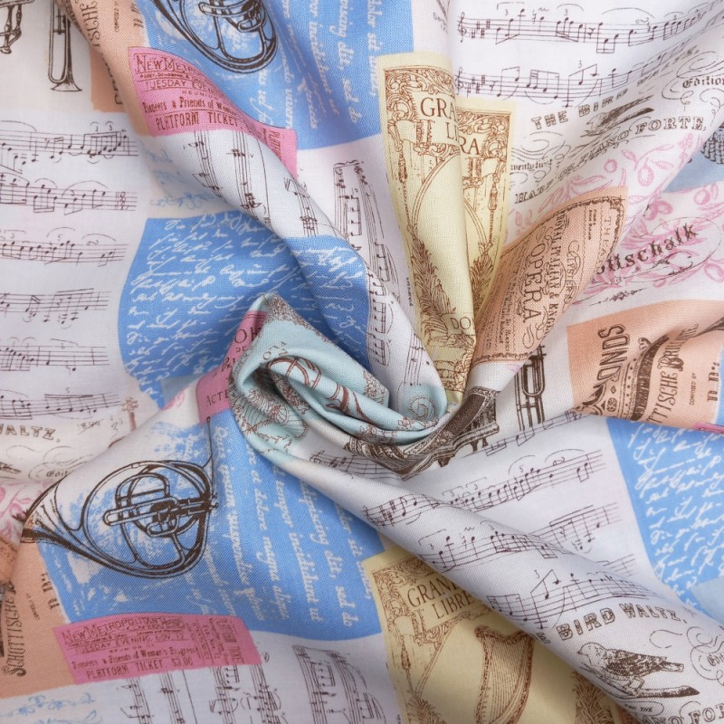 100% Cotton Fabric Nutex Symphony Montage Sheet Music Instruments 112cm ...