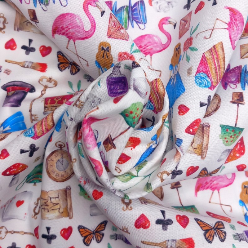 100% Cotton Fabric Nutex Alice In Wonderland Elements Hearts Teapots ...