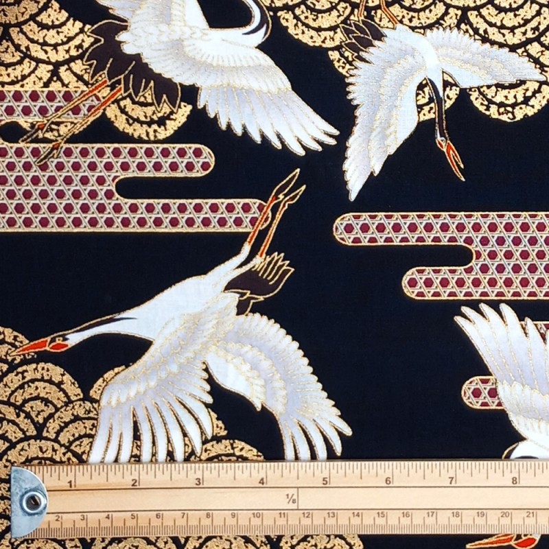 100% Japanese Cotton Fabric Nutex Kuren Cranes Birds Clouds Metallic ...