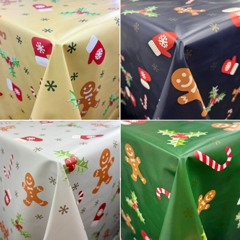 PVC Tablecloth Christmas Gingerbread Man Candy Canes Fabric 140cm Wide