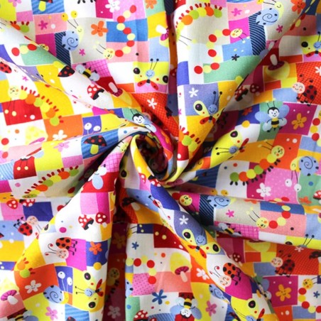 100% Cotton Fabric Little Johnny Happy Bugs Insects Colourful Cartoon ...