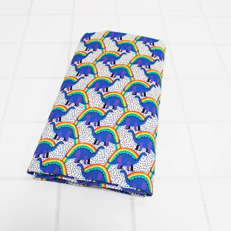 100% Cotton Fabric Little Johnny Dino Rainbow Dinosaur Stegosaurus ...