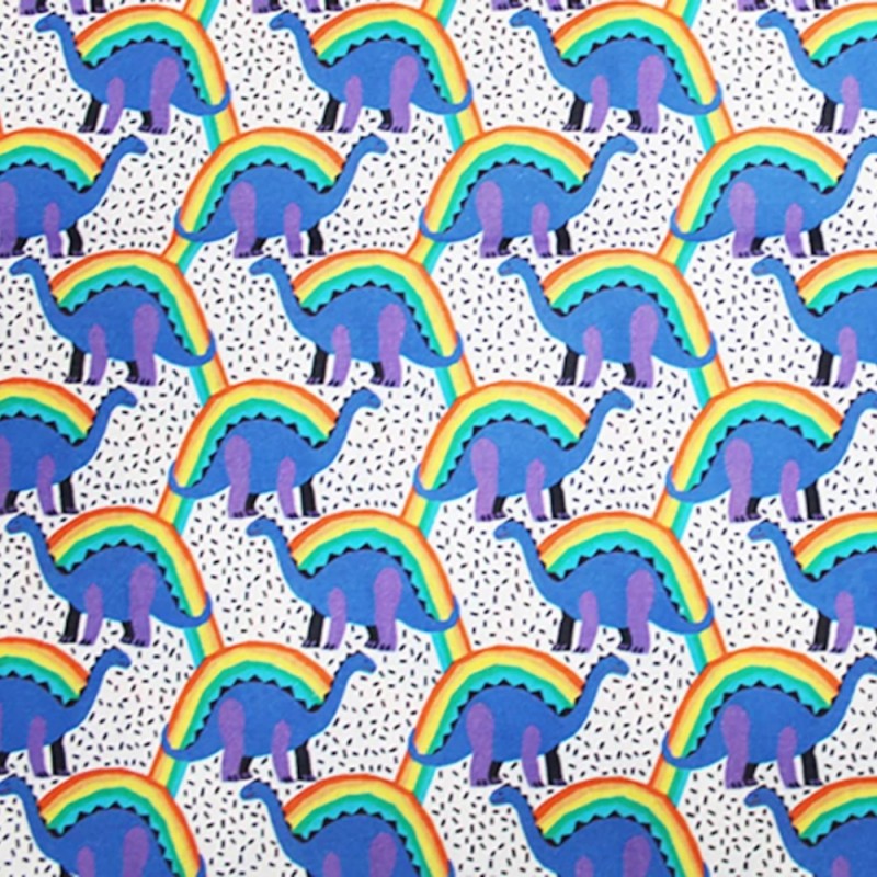 100% Cotton Fabric Little Johnny Dino Rainbow Dinosaur Stegosaurus ...