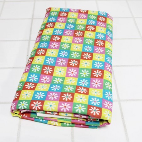 100% Cotton Fabric Little Johnny Checkered Daisy Flower Floral Shapes ...