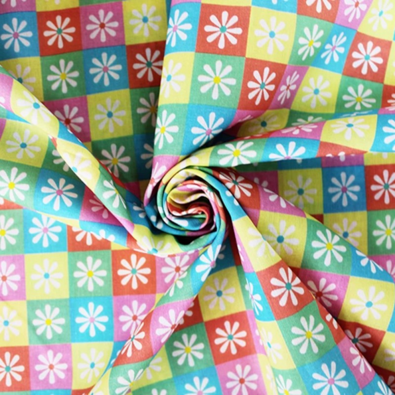 100% Cotton Fabric Little Johnny Checkered Daisy Flower Floral Shapes ...
