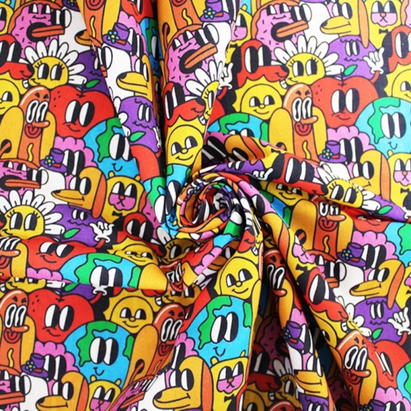 100% Cotton Fabric Little Johnny Cartoon Characters Animals Food 150cm Wide