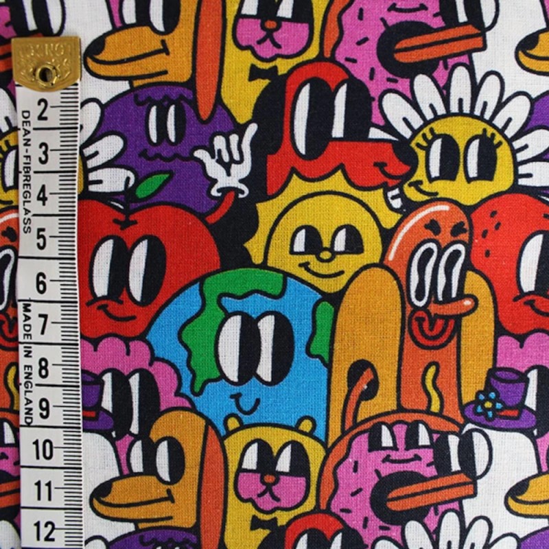 100% Cotton Fabric Little Johnny Cartoon Characters Animals Food 150cm Wide