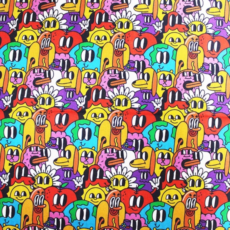 100% Cotton Fabric Little Johnny Cartoon Characters Animals Food 150cm Wide