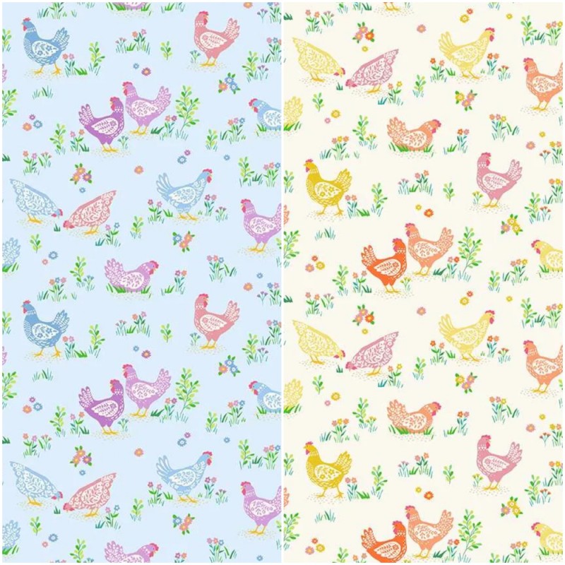 100% Cotton Fabric Makower Hello Spring Happy Hens Chickens Floral ...