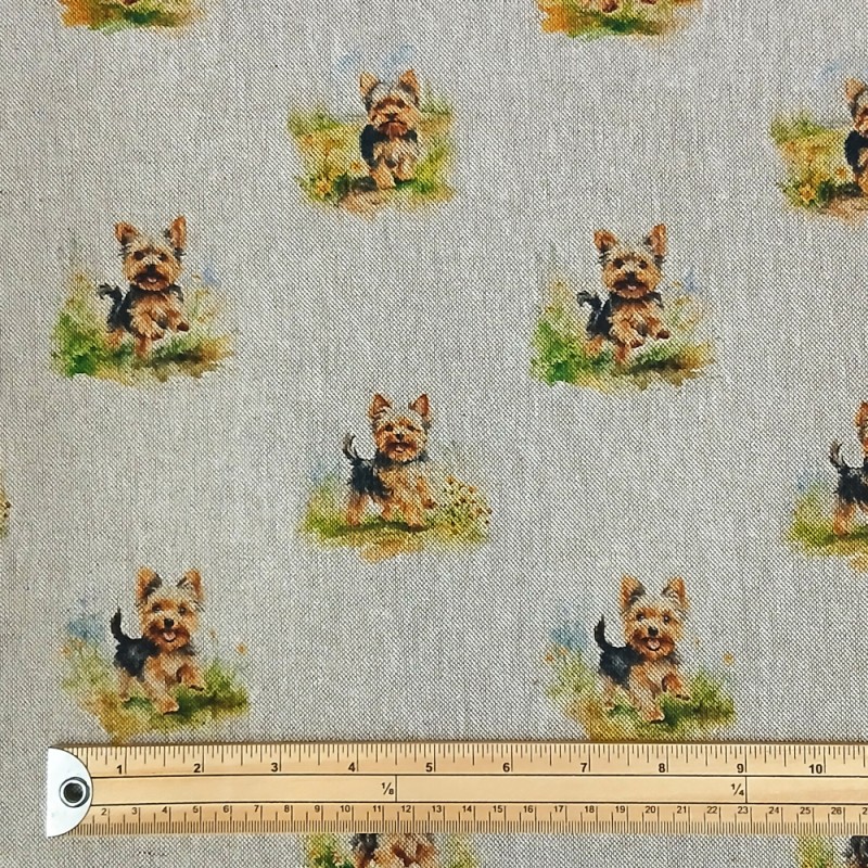 Cotton Rich Linen Look Fabric Digital Yorkshire Terrier Dog Allover ...