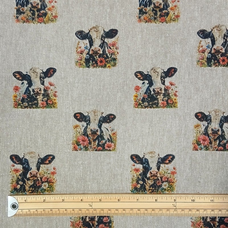 Cotton Rich Linen Look Fabric Cow & Flowers Farm Animals Upholstery ...