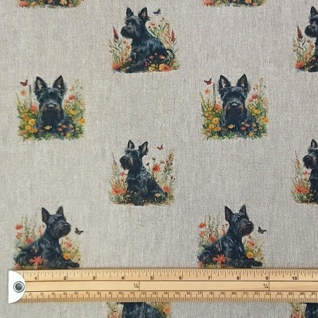 Cotton Rich Linen Look Fabric Digital Scottish Terrier Dogs Allover ...