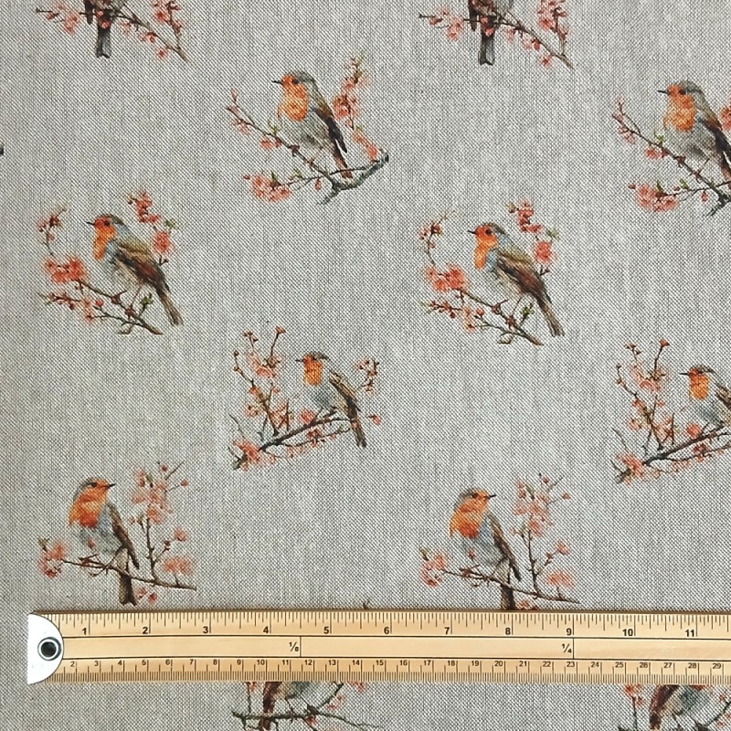 Cotton Rich Linen Look Fabric Digital Red Robins Birds Allover 140cm Wide