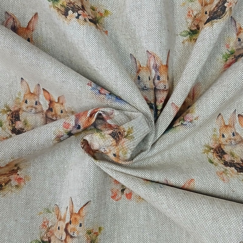 Cotton Rich Linen Look Fabric Digital Easter Bunny Rabbits Floral ...