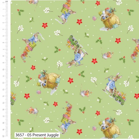100% Cotton Fabric Peter Rabbit Christmas Orchard Present Juggle 112cm Wide
