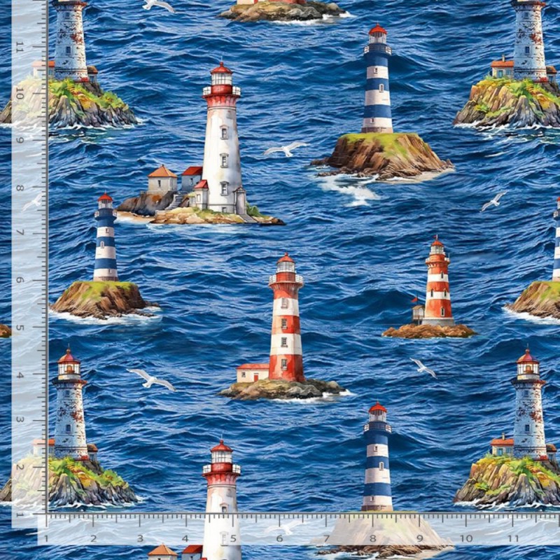 100% Cotton Digital Fabric Timeless Treasures Lighthouse Scenic 112cm Wide
